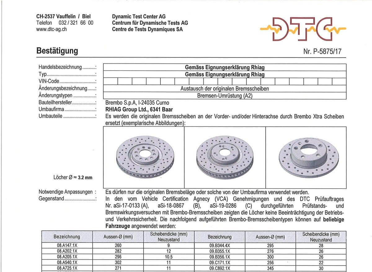 DTC Brembo Brake Certificate – Bremsscheiben Xtra – Bremsanlage ...